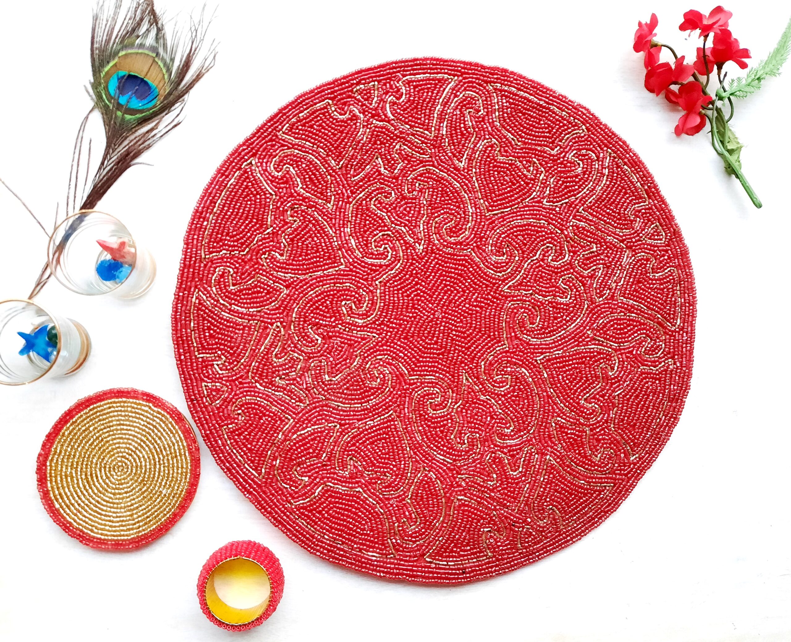 Fazzilet Handcrafted Red Beaded Round Table Mat – Flower design - FAZZILET