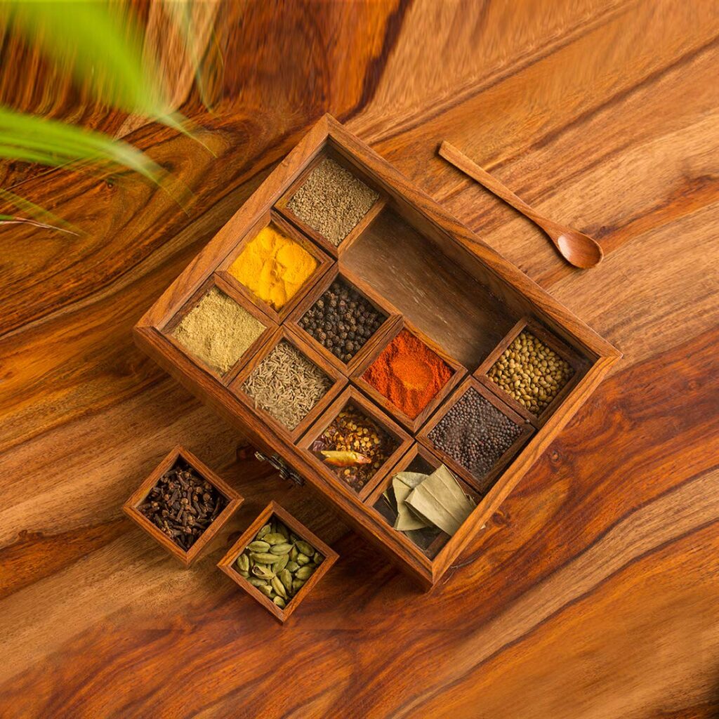 Masala / Spice Box with 12 Containers & Spoon – Multipurpose Decorative ...